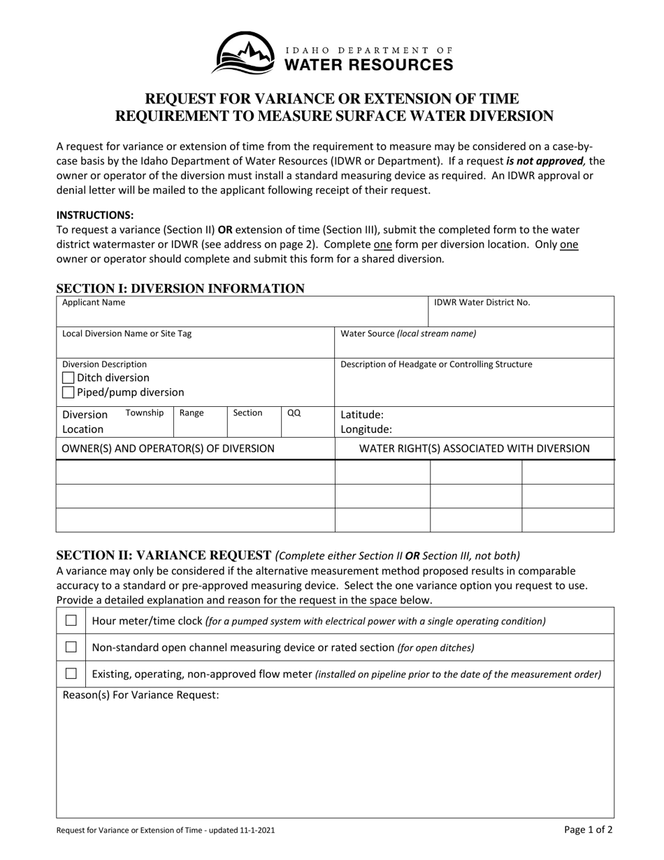 Idaho Request for Variance or Extension of Time Requirement to Measure ...