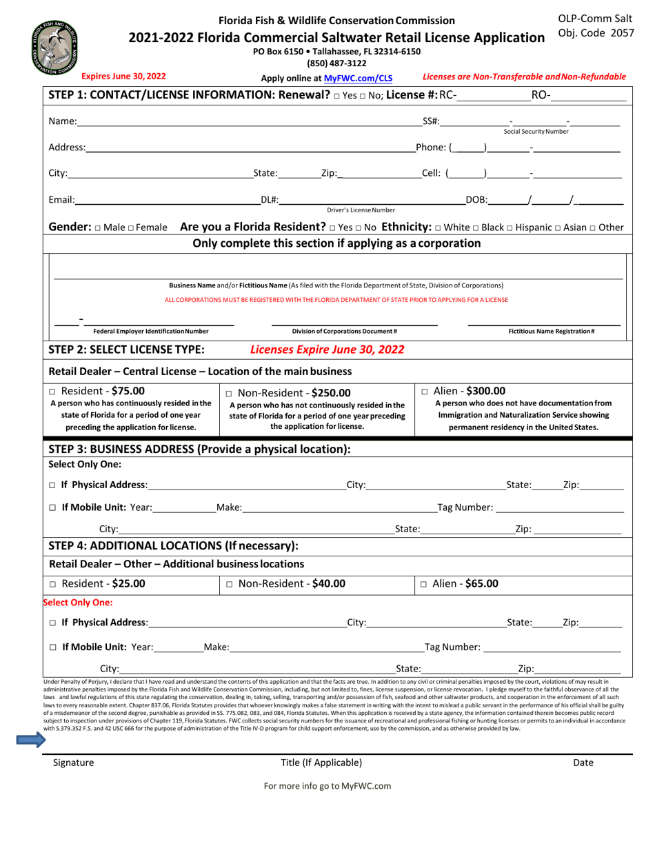 2022 Florida Florida Commercial Saltwater Retail License Application ...