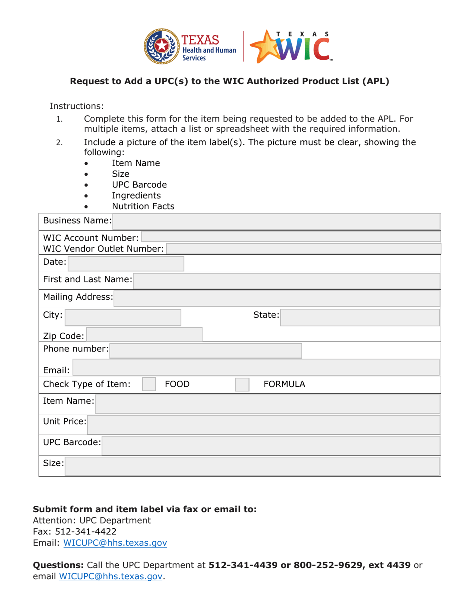 Texas Request to Add a Upc(S) to the Wic Authorized Product List (Apl ...
