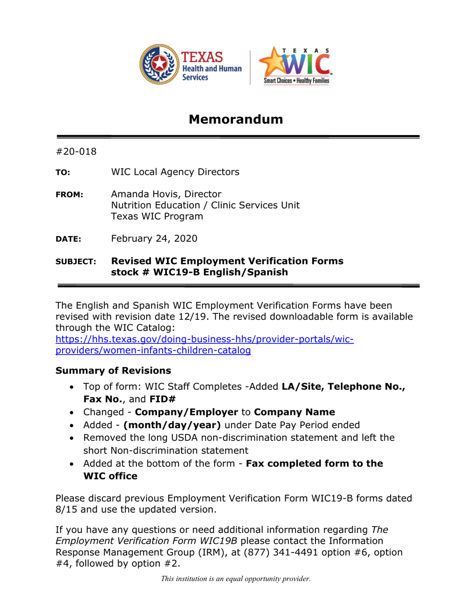 Texas Employment Verification Form - Special Supplemental Nutrition ...