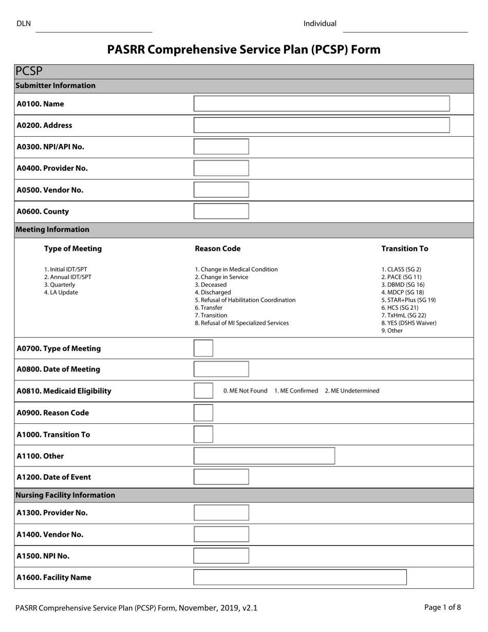Texas Pasrr Comprehensive Service Plan (Pcsp) Form - Fill Out, Sign Online and Download PDF ...