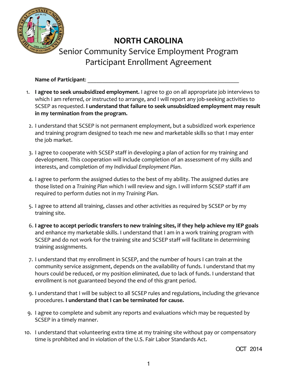 North Carolina Participant Enrollment Agreement - Senior Community ...
