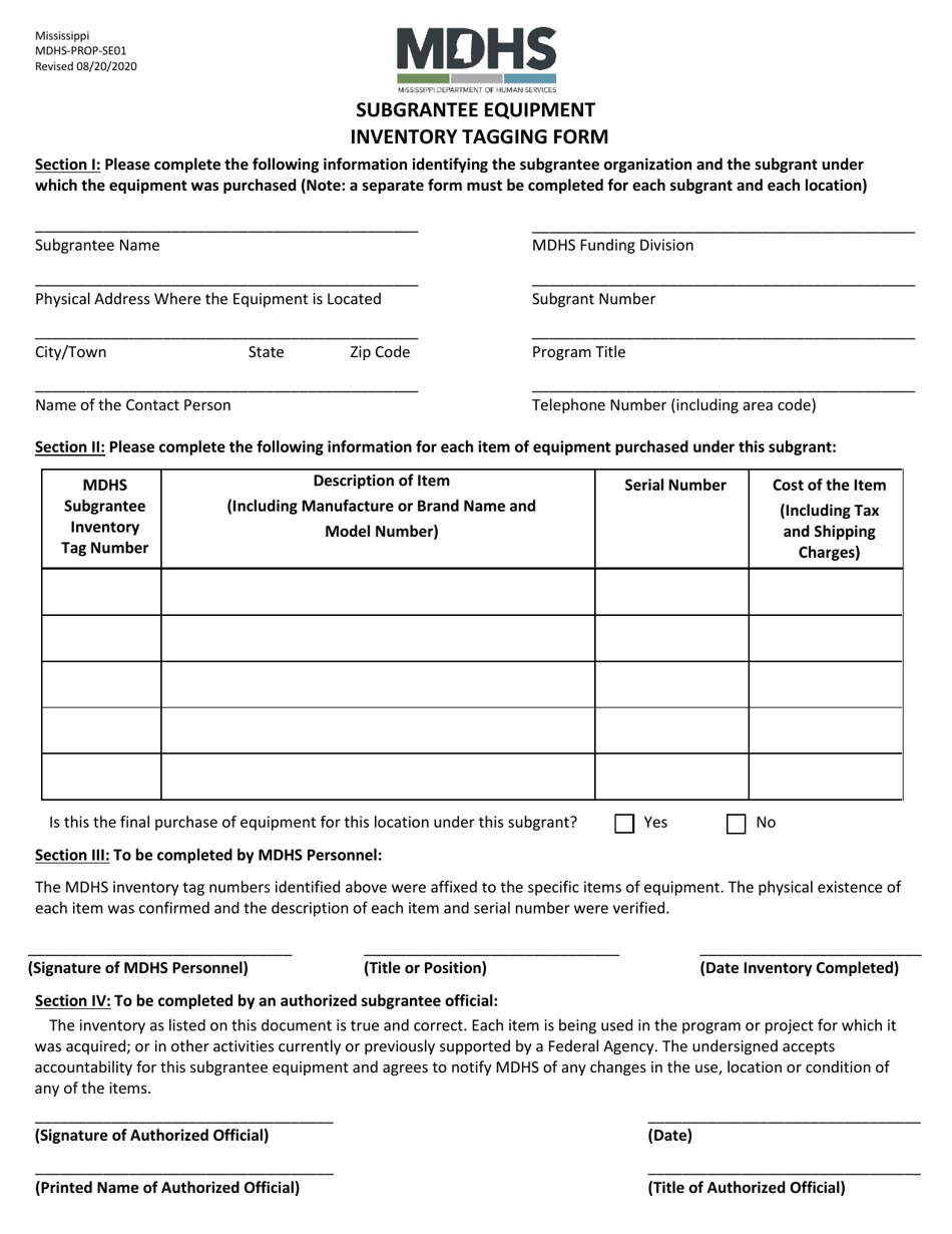 Form MDHS-PROP-SE01 Download Fillable PDF or Fill Online Subgrantee ...