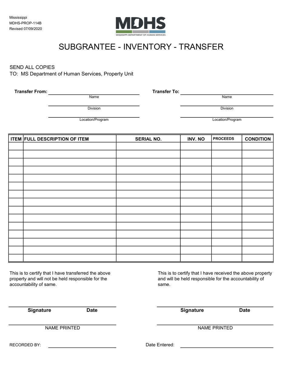 Form MDHS-PROP-114B Download Fillable PDF or Fill Online Subgrantee ...