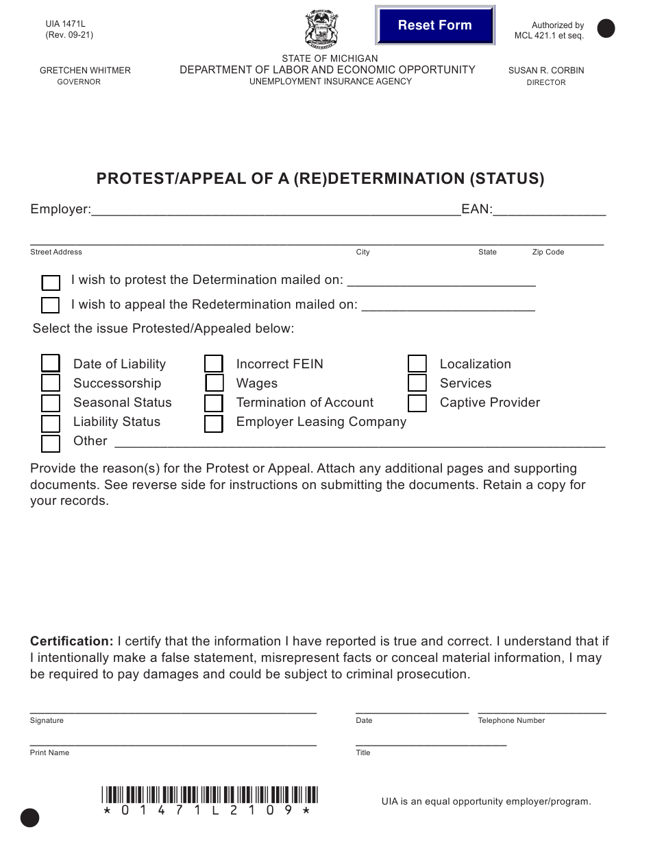 Form UIA1471L Download Printable PDF or Fill Online Protest/Appeal of a ...