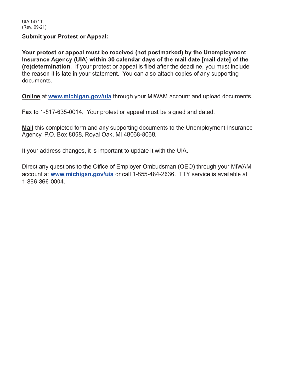 Form UIA1471T Download Printable PDF or Fill Online Protest/Appeal of a ...