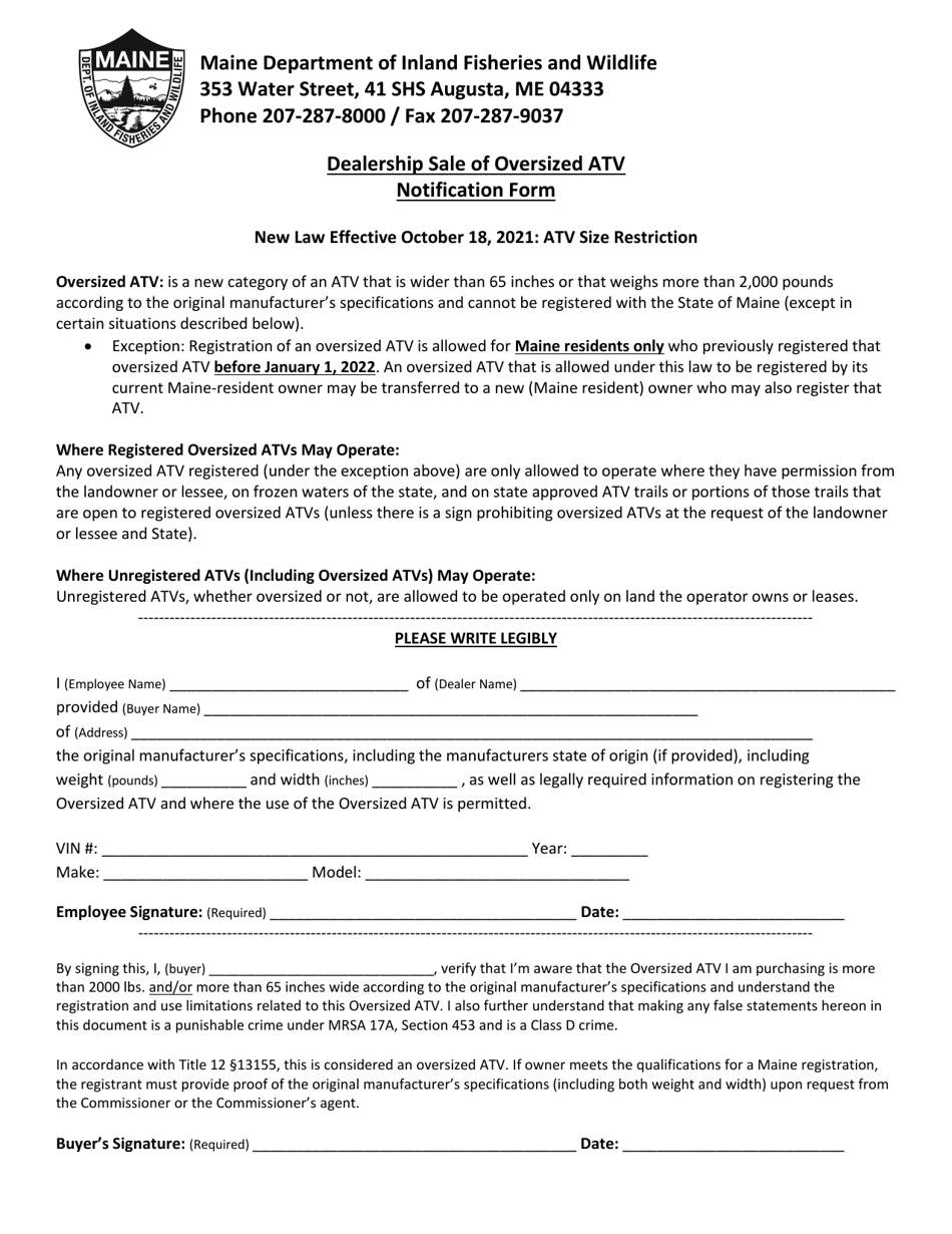 Maine Dealership Sale of Oversized Atv Notification Form - Fill Out ...