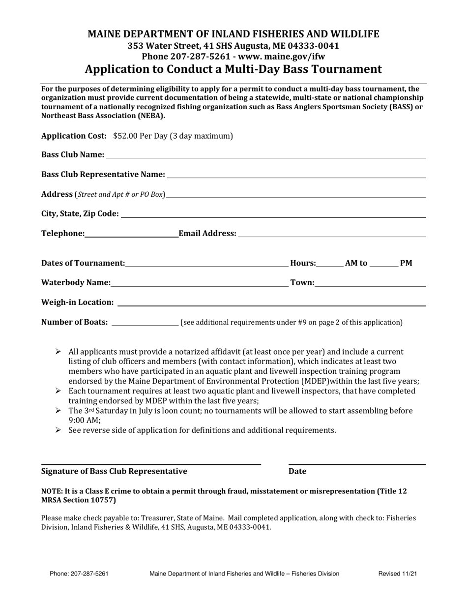 Maine Application to Conduct a Multi-Day Bass Tournament - Fill Out ...