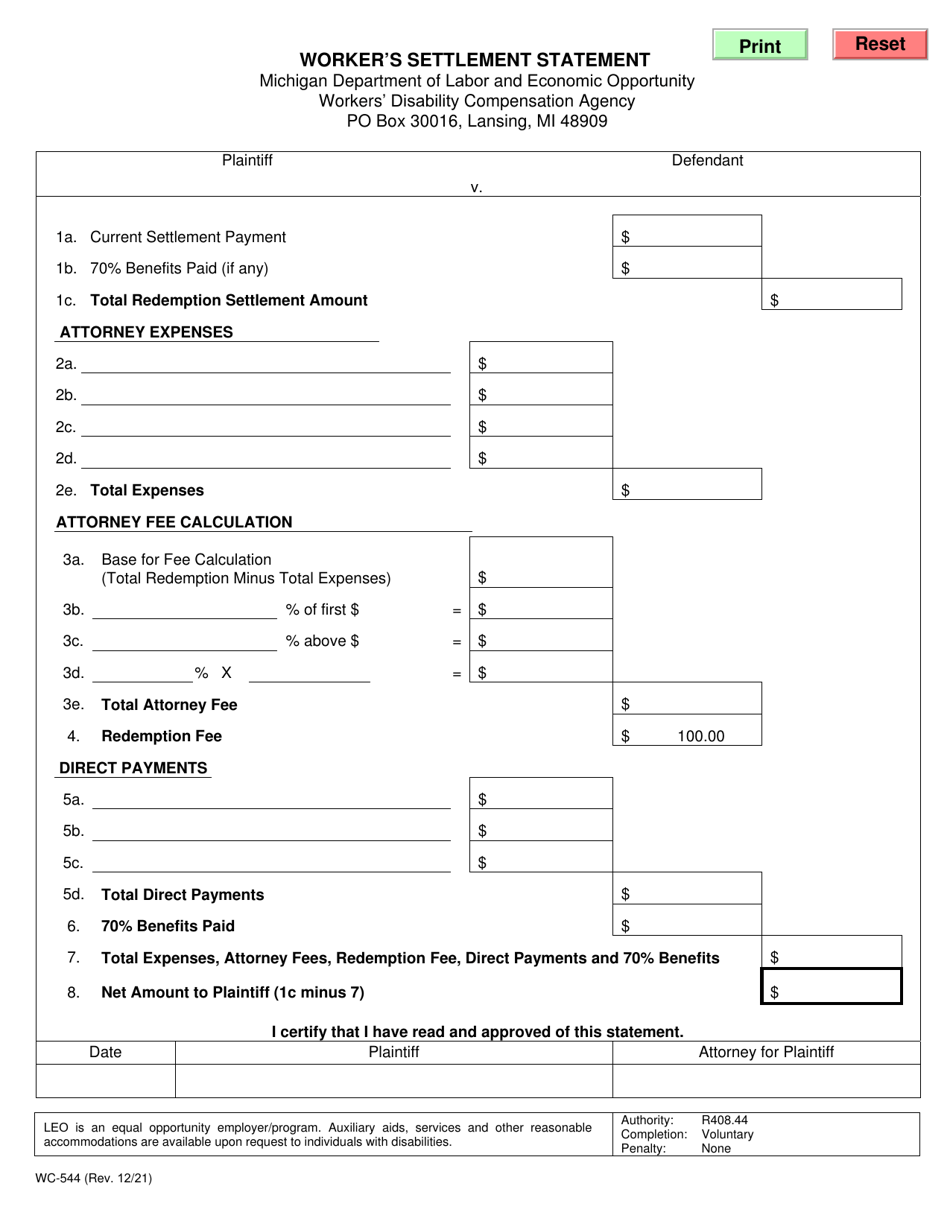 Form WC-544 Download Fillable PDF or Fill Online Worker's Settlement ...