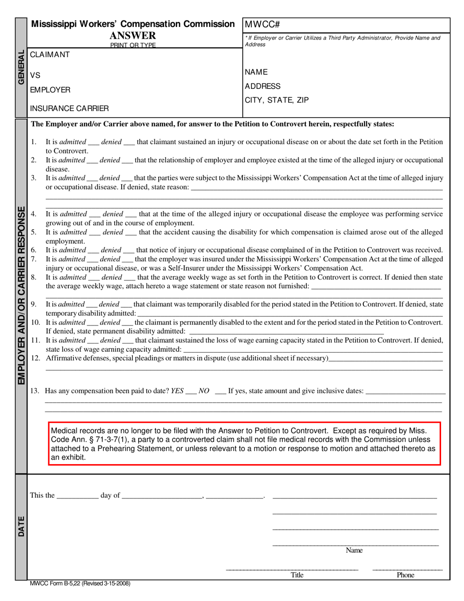 MWCC Form B-5,22 - Fill Out, Sign Online and Download Fillable PDF ...