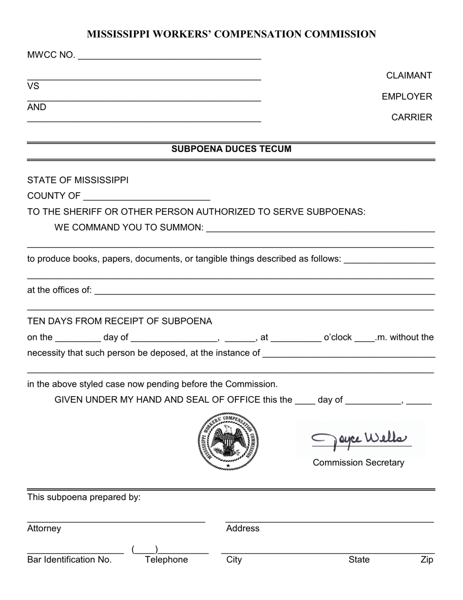 Mississippi Subpoena Duces Tecum - Fill Out, Sign Online and Download ...