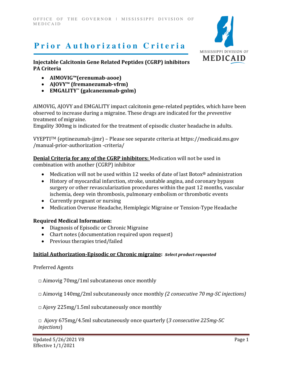 Mississippi Prior Authorization Criteria - Injectable Calcitonin Gene ...