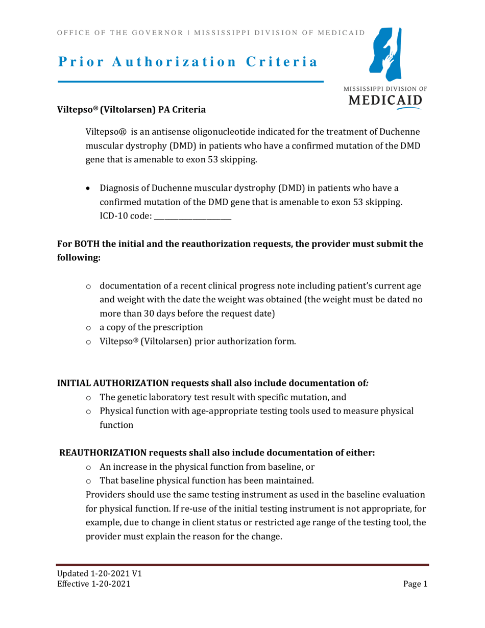 Mississippi Prior Authorization Criteria - Viltepso (Viltolarsen ...