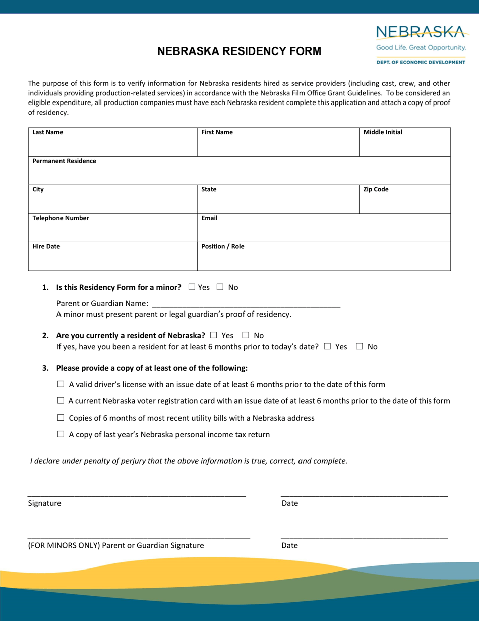 Nebraska Nebraska Residency Form - Nebraska Film Office Grant - Fill ...