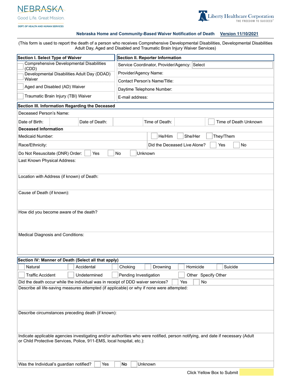 Nebraska Nebraska Home and Community-Based Waiver Notification of Death ...