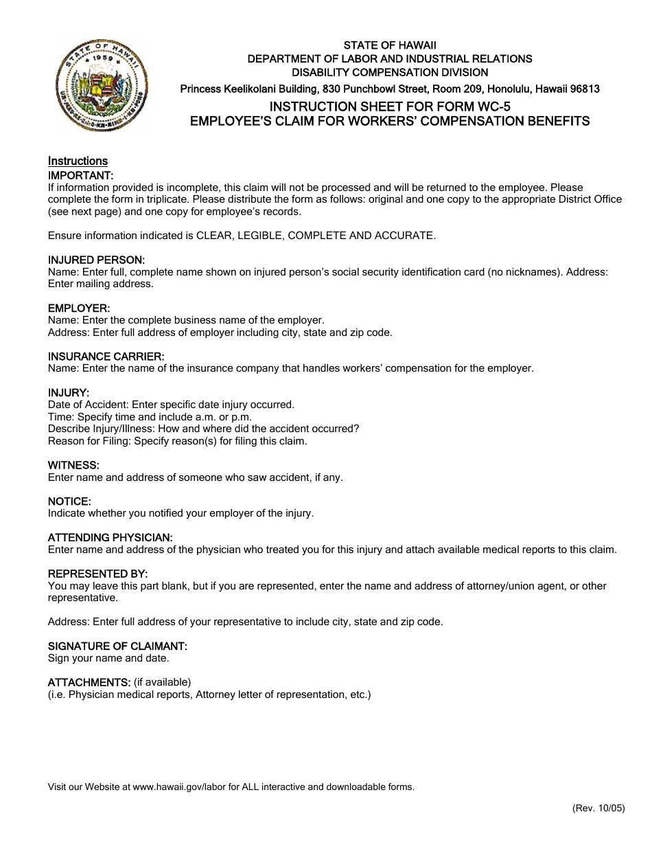 Form WC-5 - Fill Out, Sign Online and Download Fillable PDF, Hawaii ...