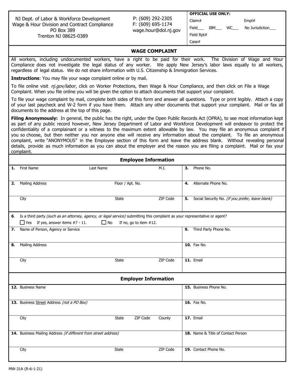 Form MW-31A Download Fillable PDF or Fill Online Wage Complaint, New ...