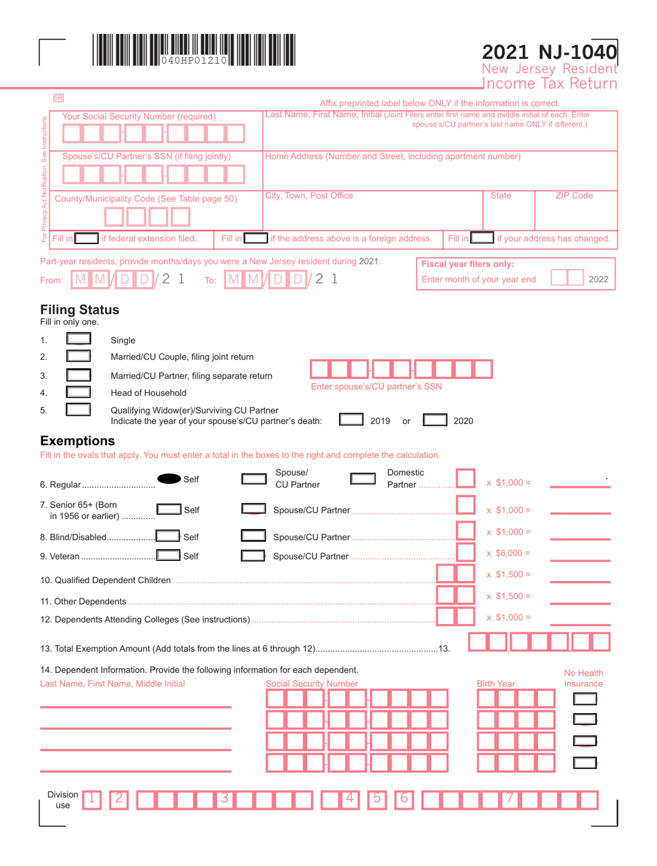 Form NJ-1040 - 2021 - Fill Out, Sign Online and Download Fillable PDF ...