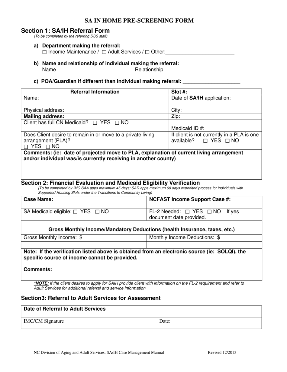 North Carolina Sa in Home Pre-screening Form - Fill Out, Sign Online ...