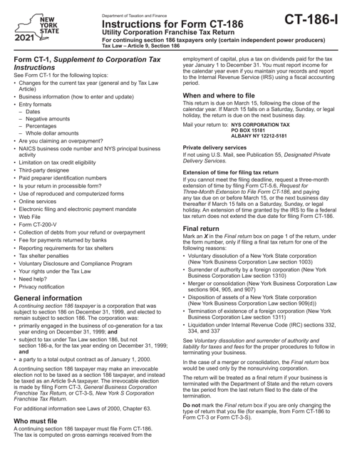 Download Instructions for Form CT-186 Utility Corporation Franchise Tax ...