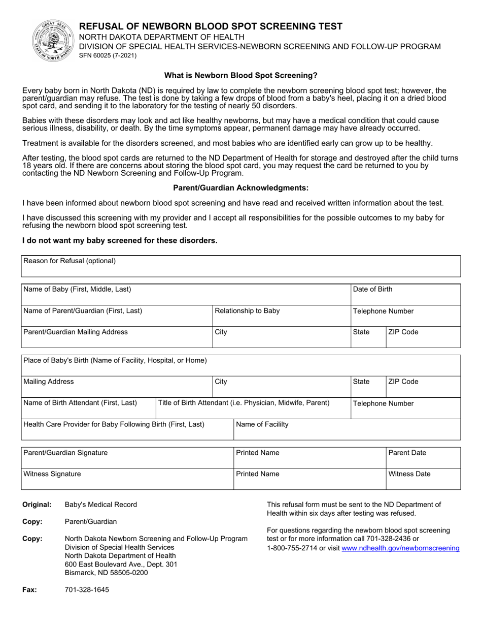 Form SFN60025 Download Fillable PDF or Fill Online Refusal of Newborn ...