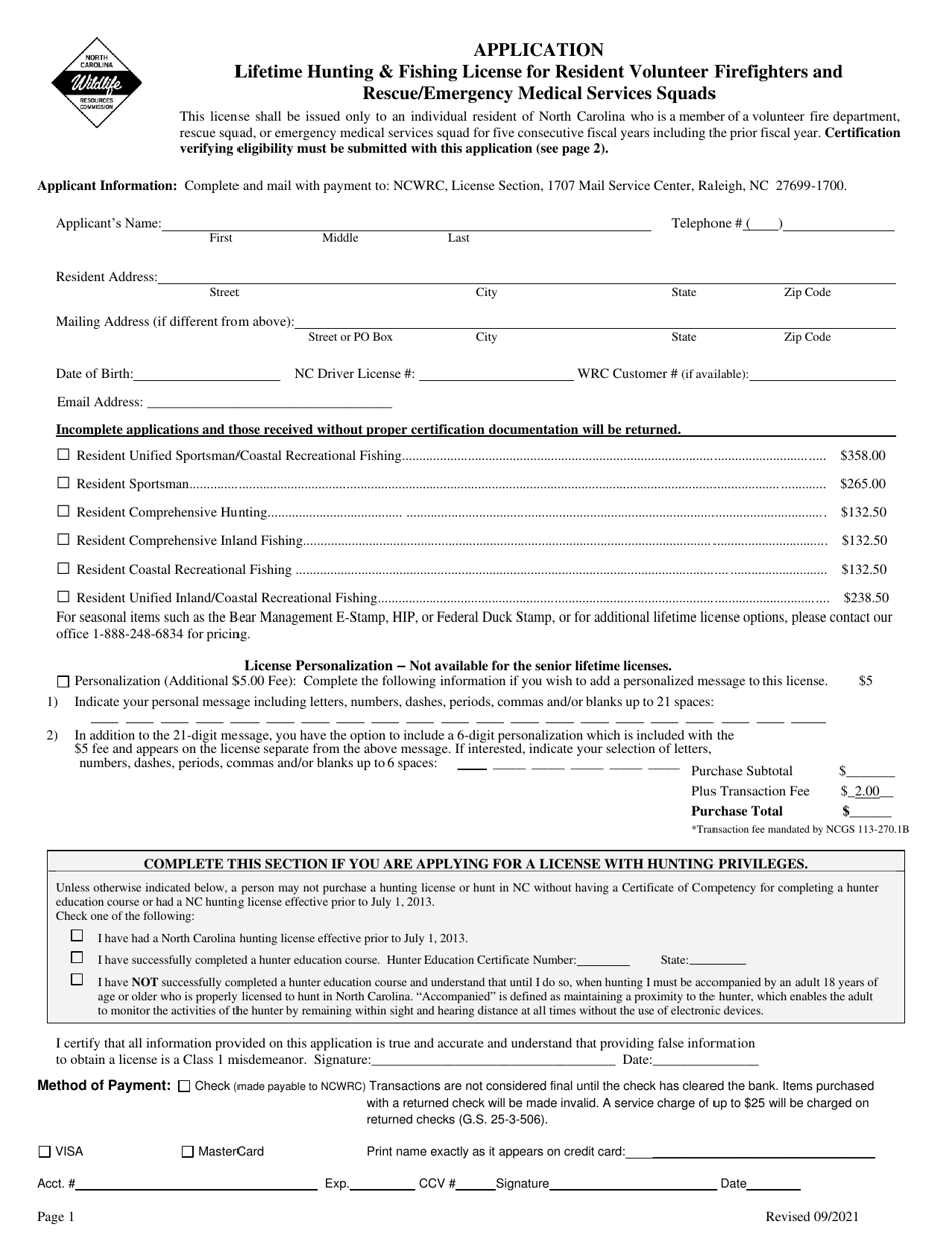 North Carolina Application for Lifetime Hunting & Fishing License for ...
