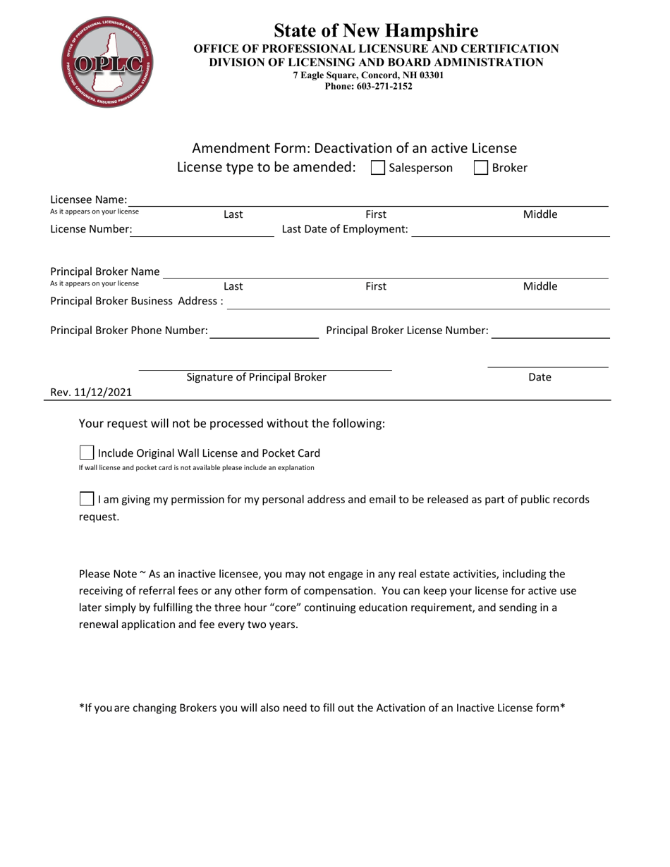 New Hampshire Amendment Form - De-activation of an Active License ...