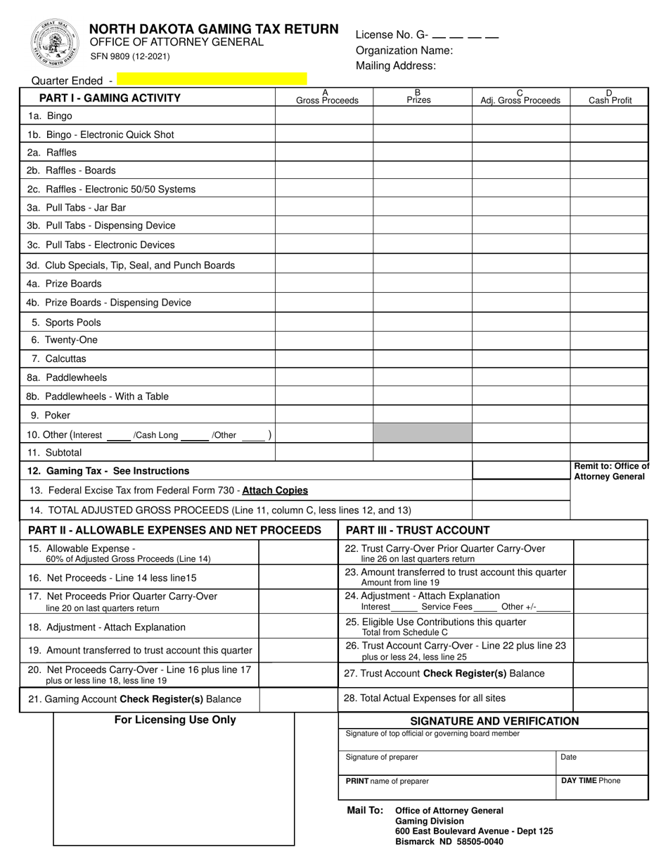 Form SFN9809 Download Fillable PDF or Fill Online North Dakota Gaming ...