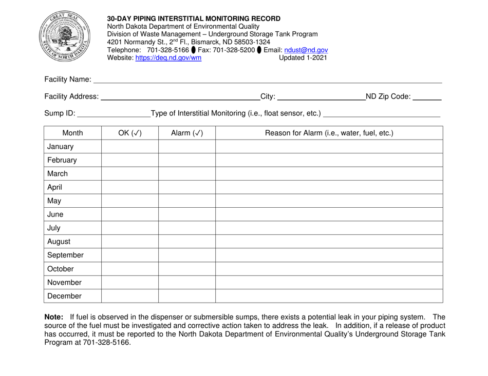 North Dakota 30-day Piping Interstitial Monitoring Record - Fill Out ...