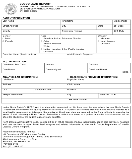 Form SFN60104 Download Printable PDF or Fill Online Blood Lead Report ...