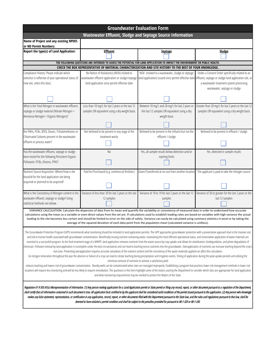 South Carolina Groundwater Evaluation Form - Fill Out, Sign Online and ...