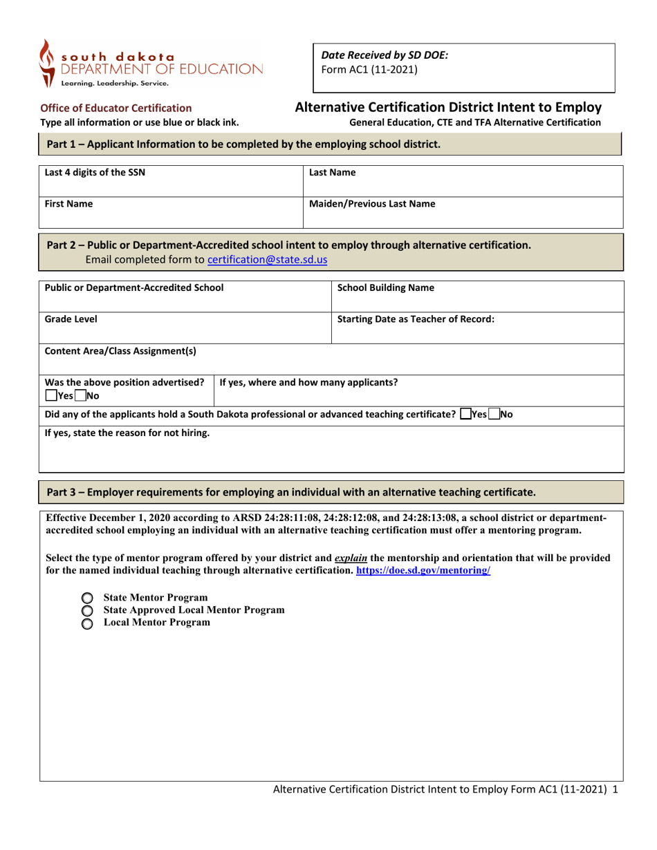 Form AC1 Download Fillable PDF or Fill Online Alternative Certification ...