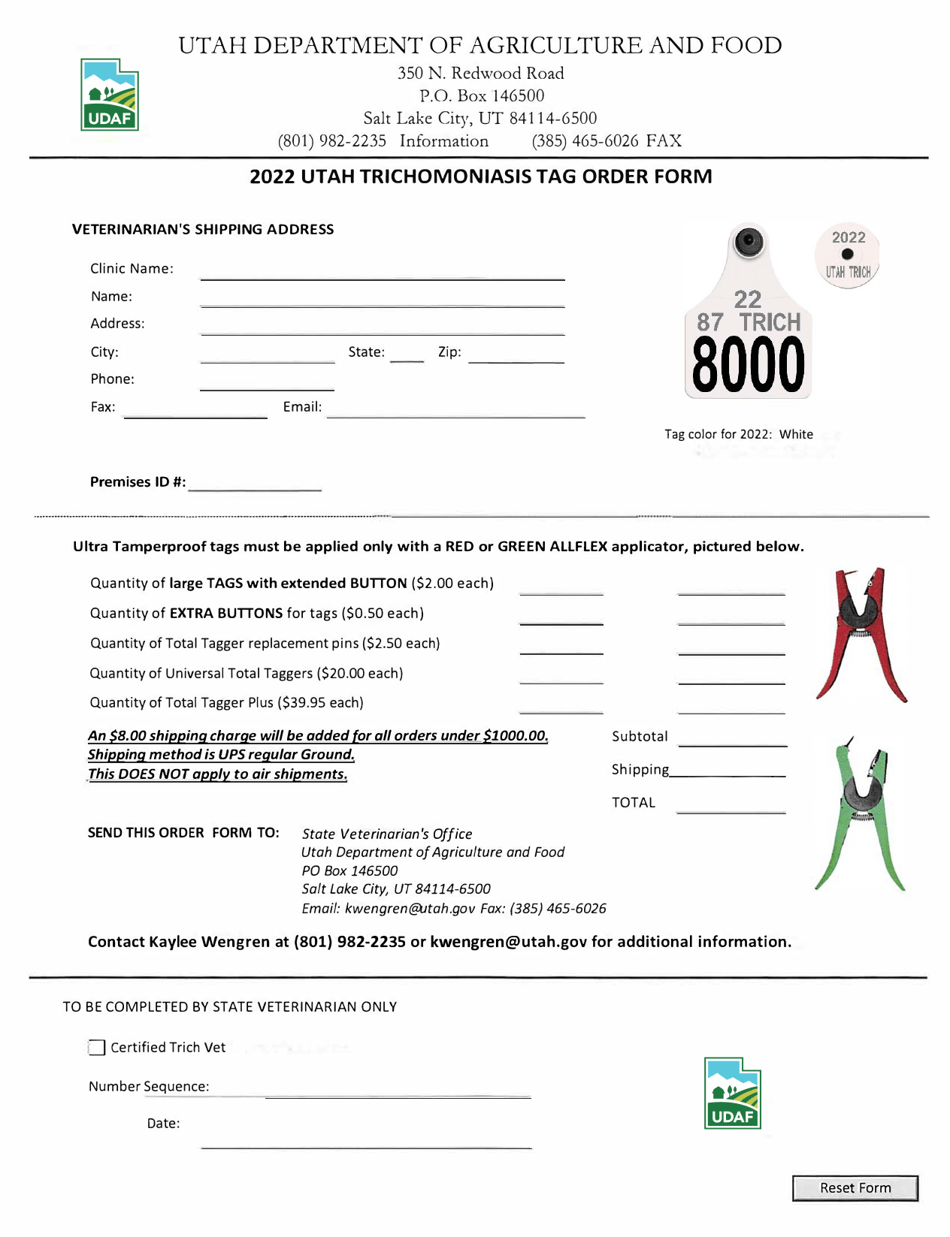 2022 Utah Utah Trichomoniasis Tag Order Form Download Printable PDF ...