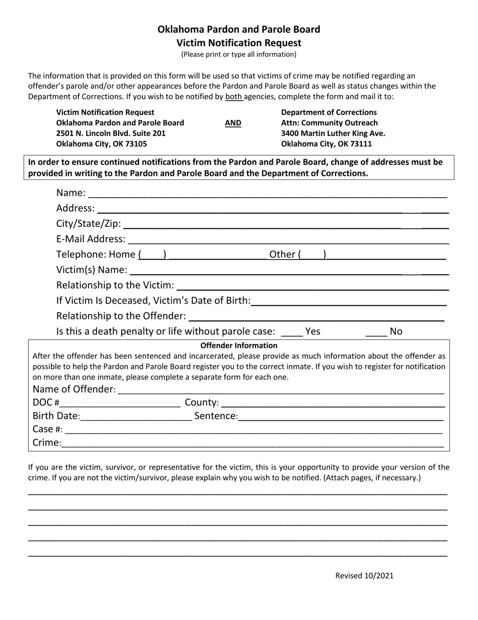 Oklahoma Victim Notification Request Download Printable PDF ...