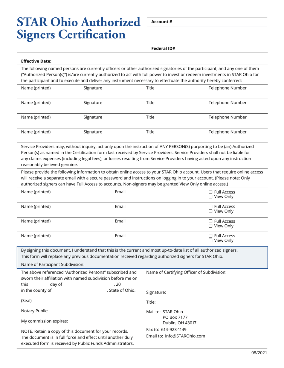 Ohio Star Ohio Authorized Signers Certification Download Fillable PDF ...