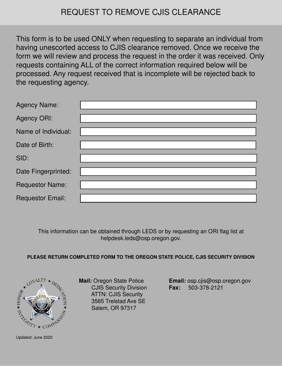 Oregon Request to Remove Cjis Clearance - Fill Out, Sign Online and ...