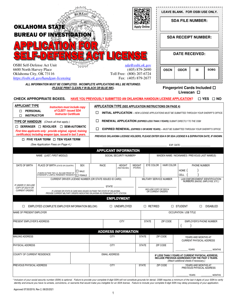 Oklahoma Application for Self-defense Act License Download Fillable PDF ...