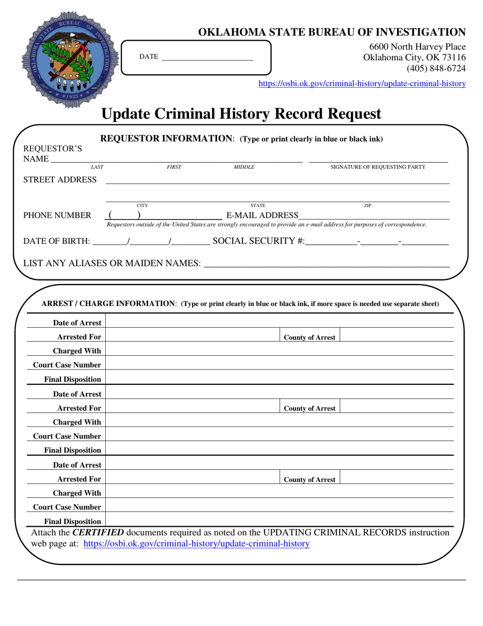 Oklahoma Update Criminal History Record Request - Fill Out, Sign Online and Download PDF ...
