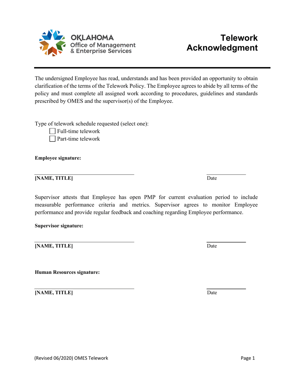Oklahoma Telework Acknowledgment - Fill Out, Sign Online and Download ...