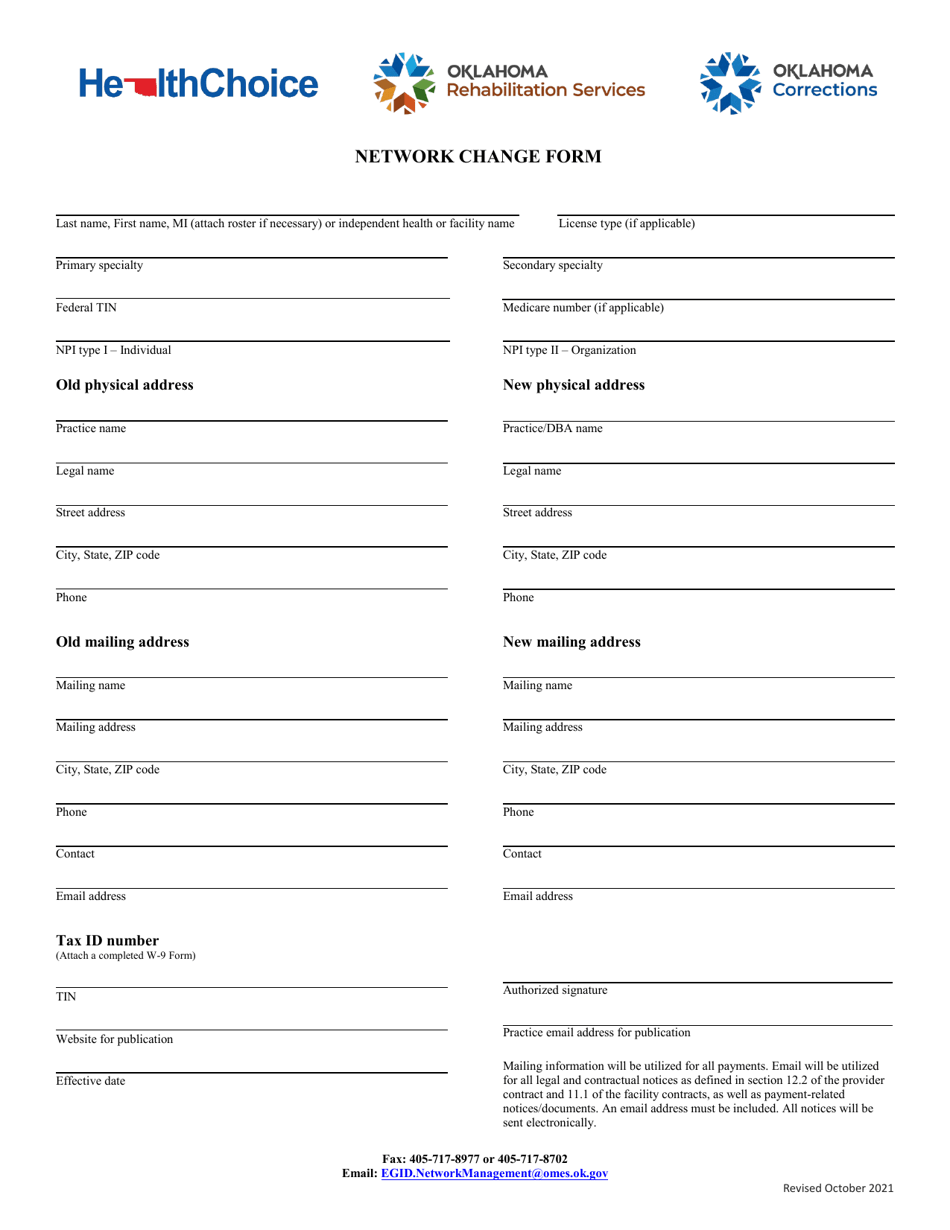 Oklahoma Network Change Form - Fill Out, Sign Online and Download PDF ...
