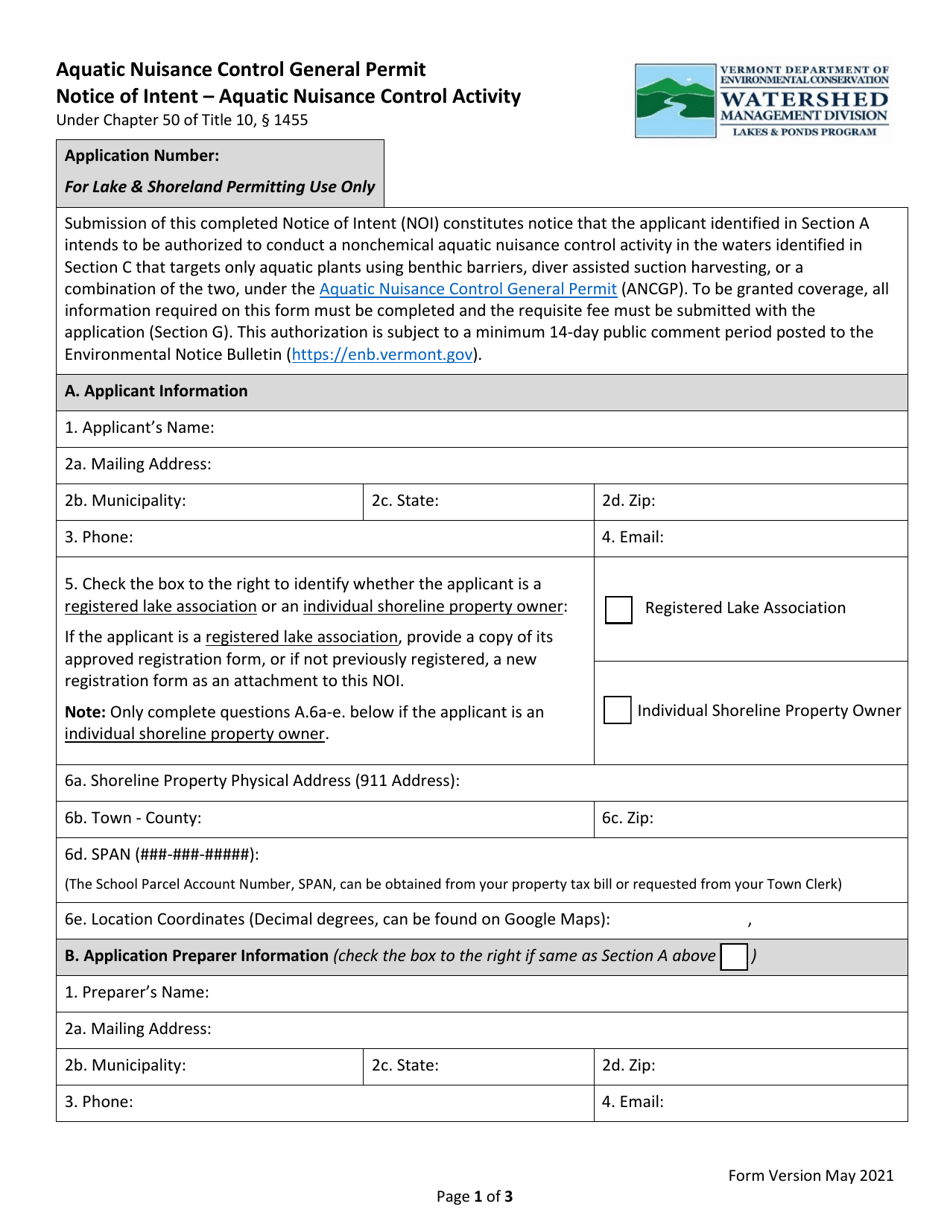 Vermont Aquatic Nuisance Control Activity Notice of Intent - Fill Out ...