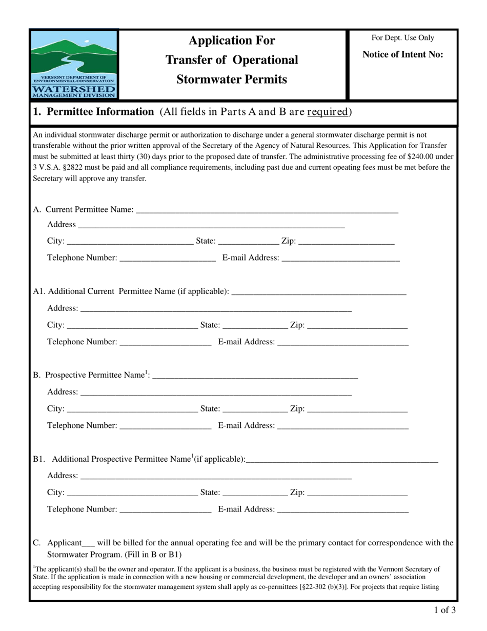 Vermont Application for Transfer of Operational Stormwater Permits ...