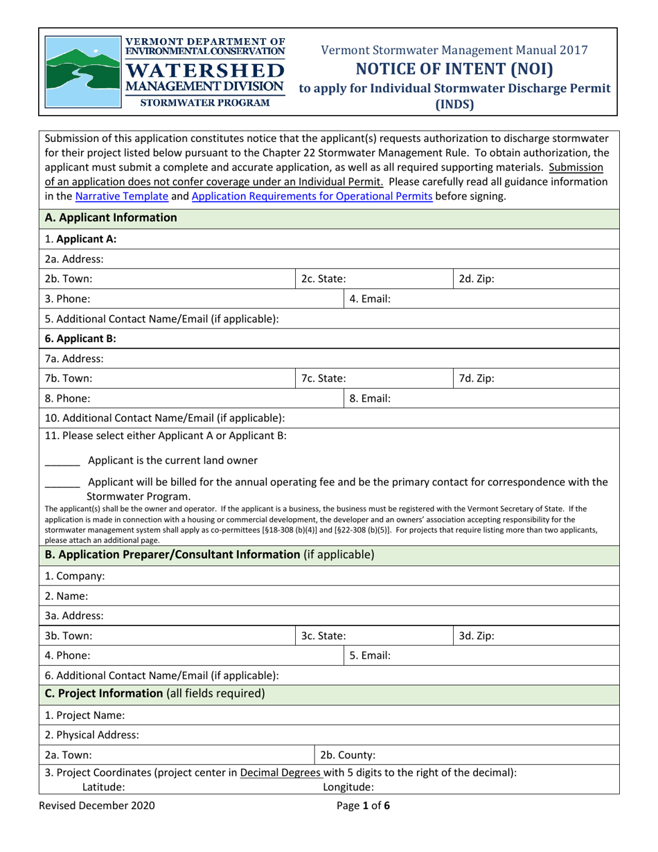 Vermont Notice of Intent (Noi) to Apply for Individual Stormwater ...