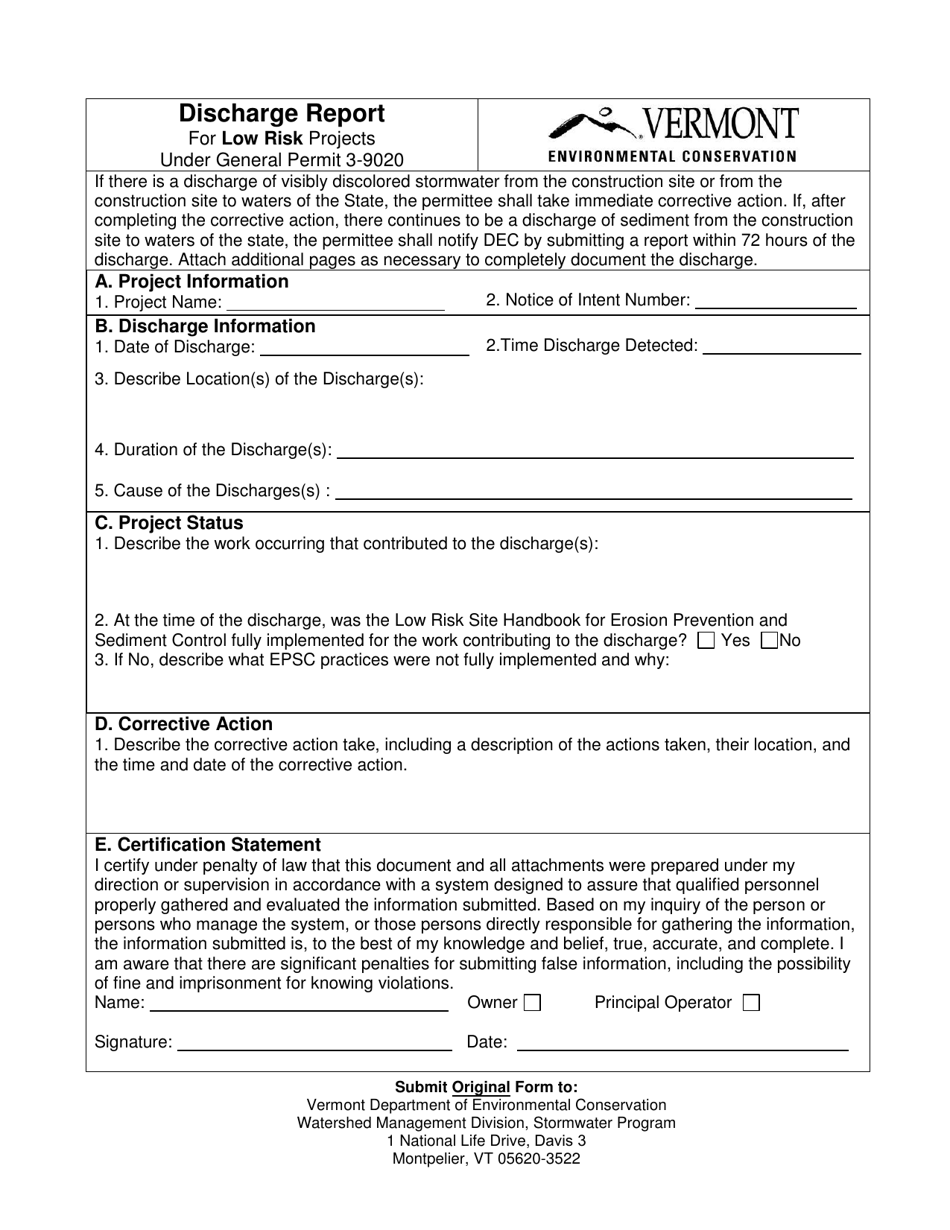Vermont Discharge Report for Low Risk Projects Under General Permit 3 ...