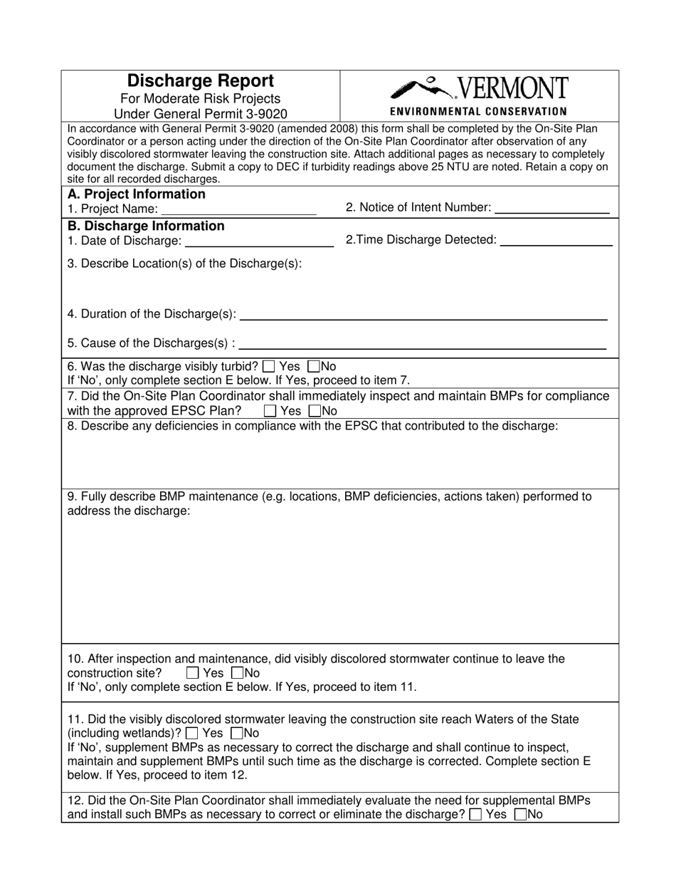 Vermont Discharge Report for Moderate Risk Projects Under General ...