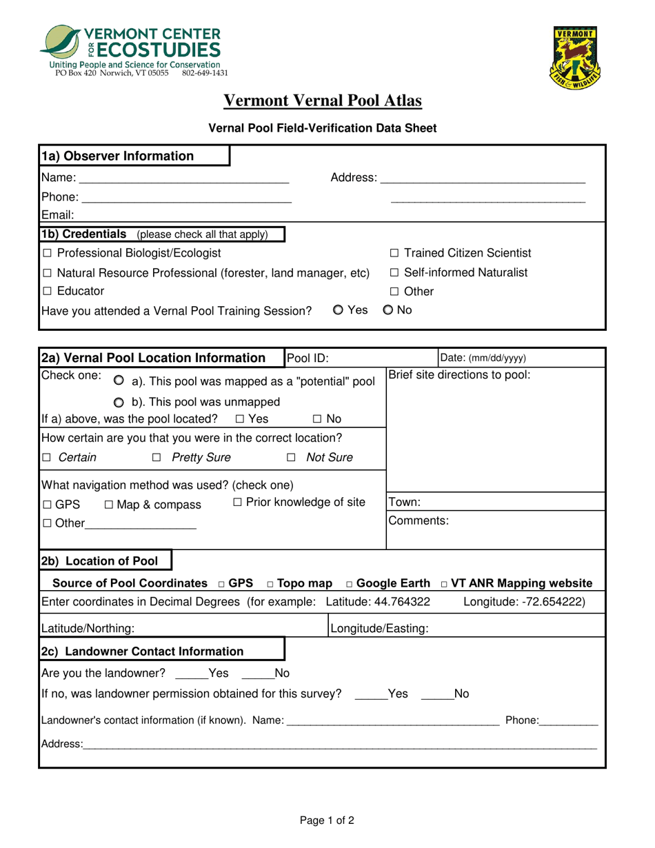 Vermont Vernal Pool Field-Verification Data Sheet - Fill Out, Sign ...