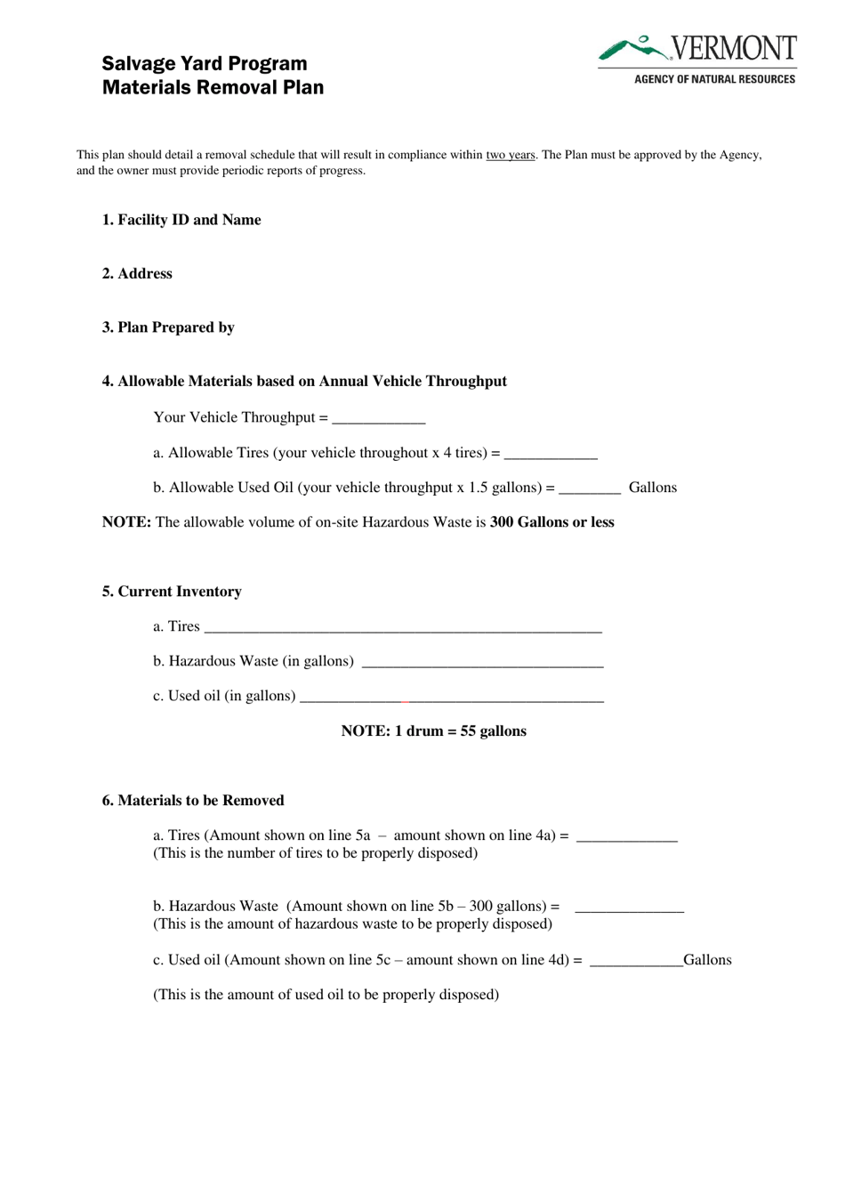 Vermont Materials Removal Plan - Salvage Yard Program - Fill Out, Sign ...