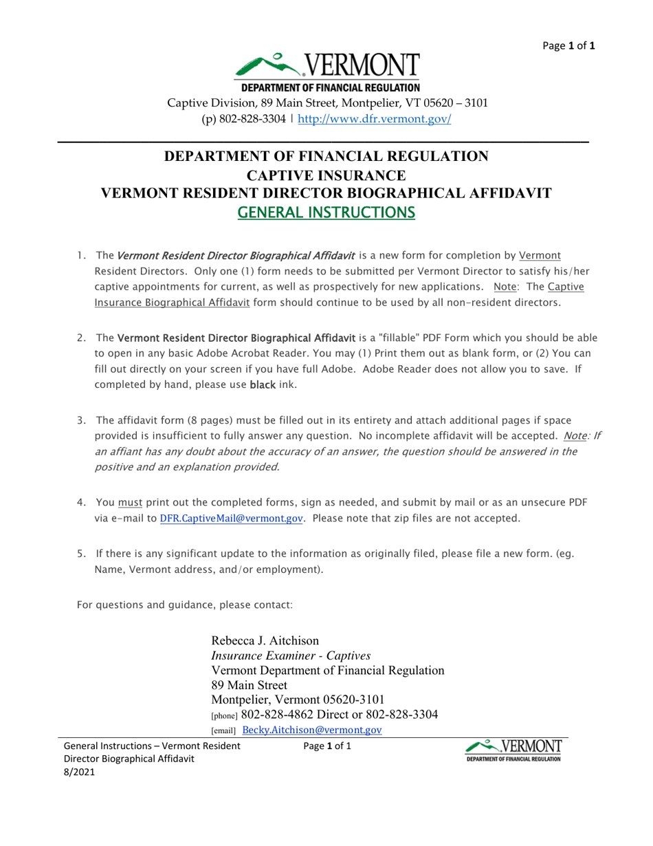 Vermont Vermont Resident Director Biographical Affidavit - Fill Out ...