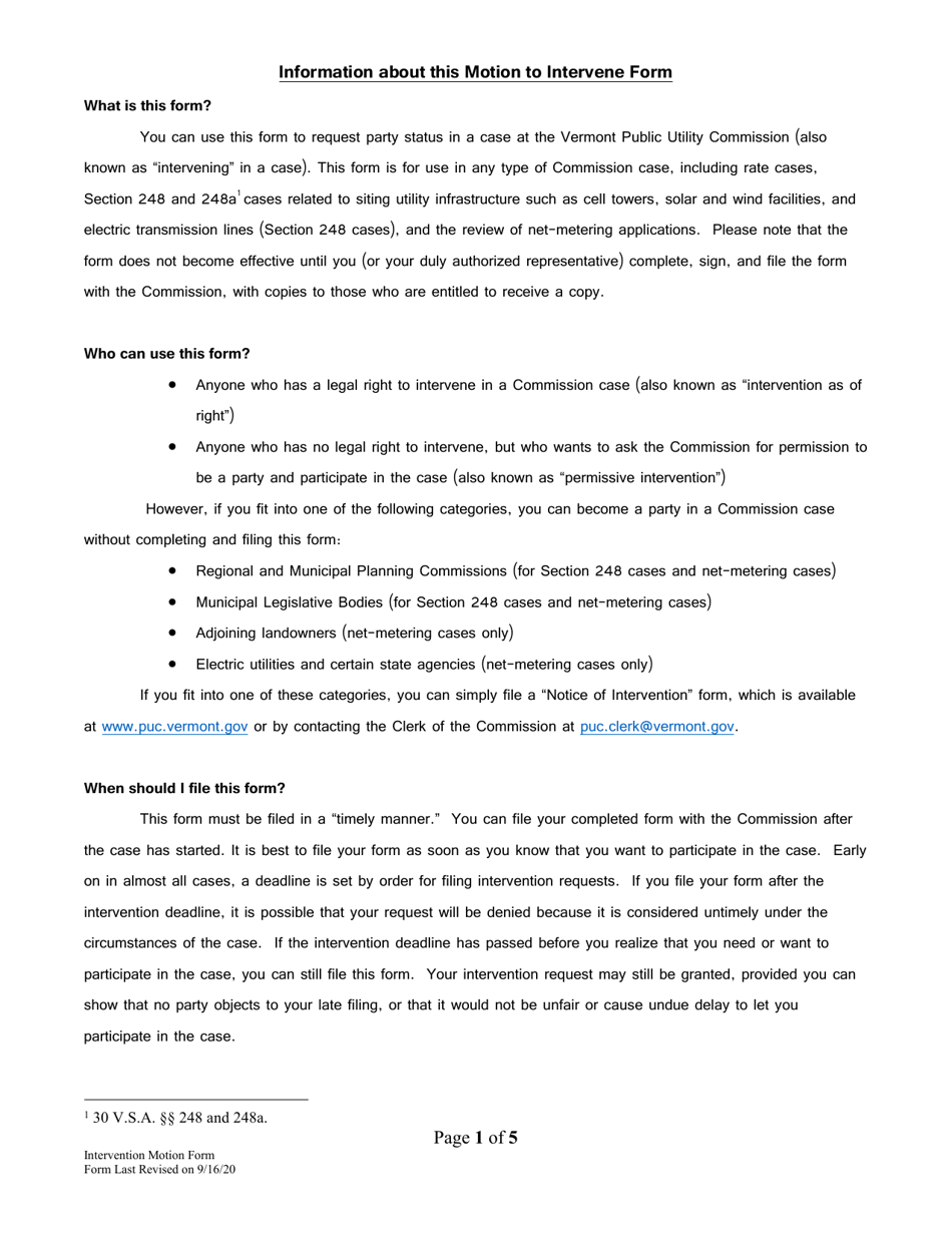 Vermont Motion to Intervene Form - Fill Out, Sign Online and Download ...