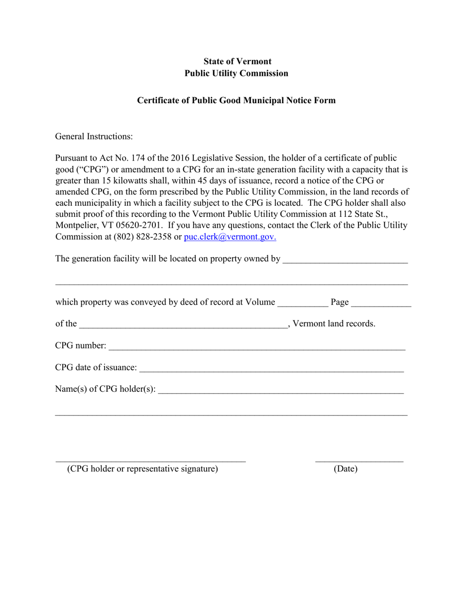 Vermont Certificate of Public Good Municipal Notice Form - Fill Out ...
